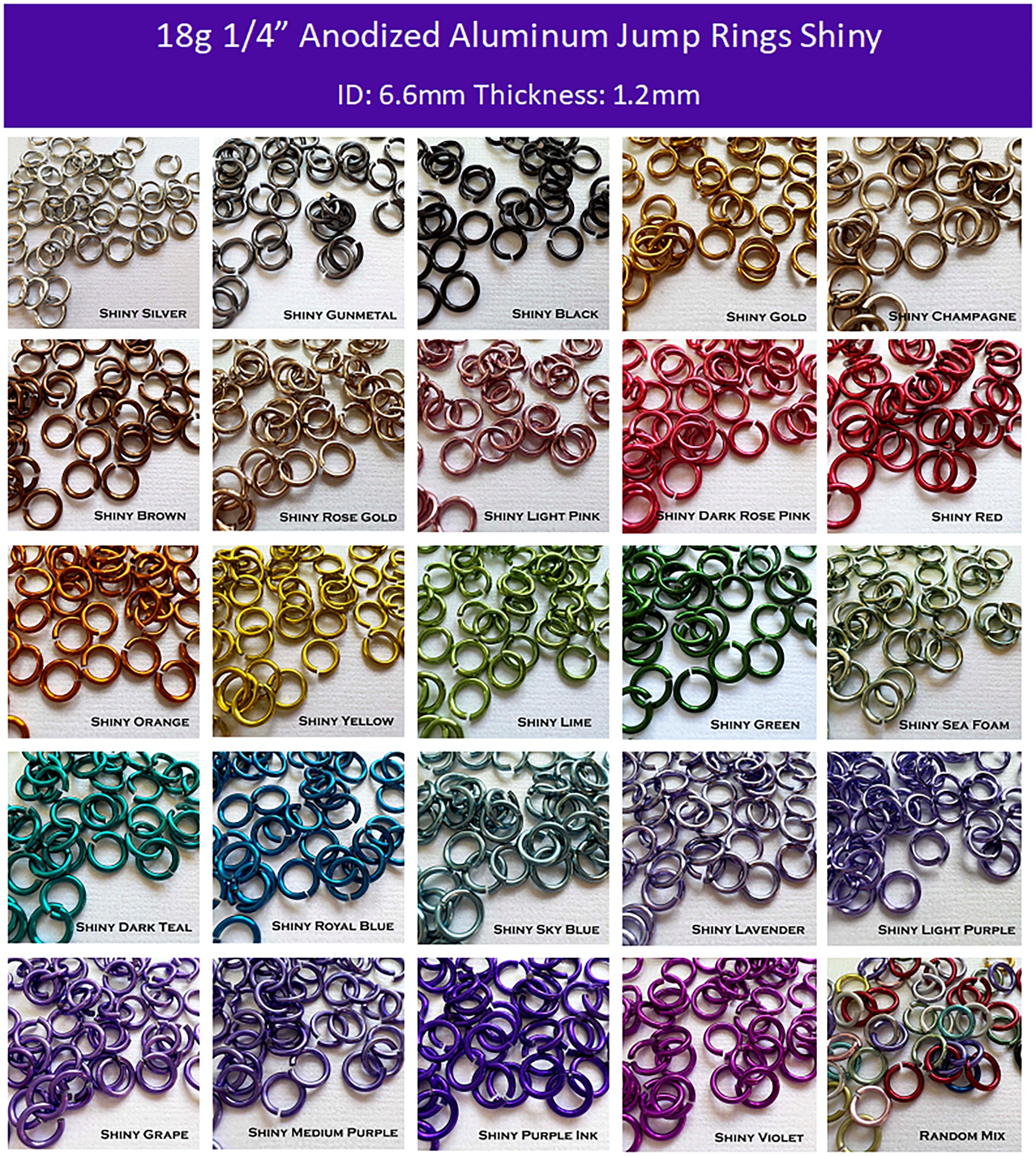 18g 1/4" Jump Rings Shiny (SWG) ID: 6.7mm - Choose color & quantity ...